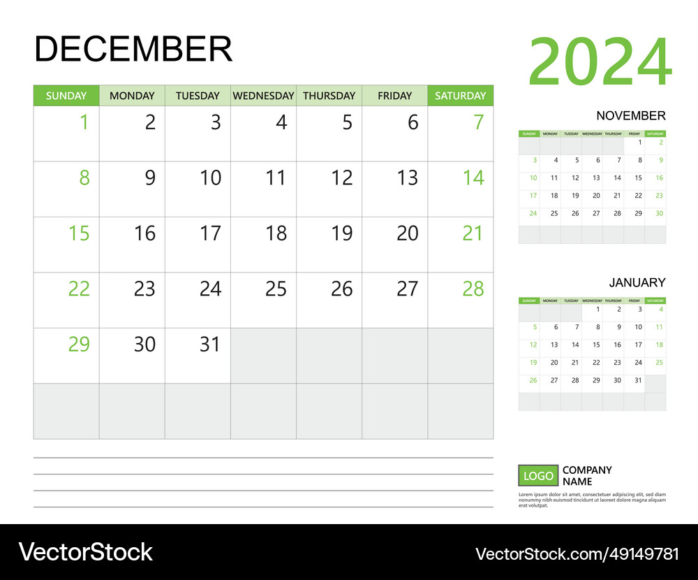 December 2024 year calendar planner Royalty Free Vector