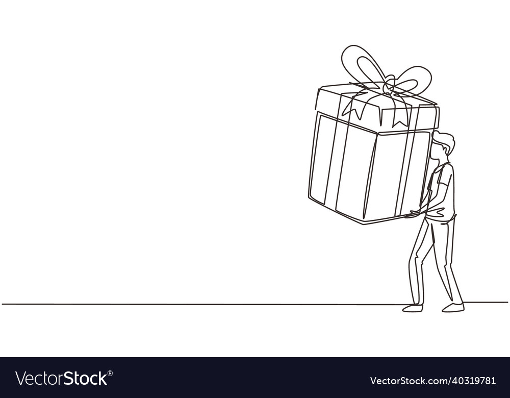 Single one line drawing happy man carrying a big Vector Image Single one line drawing happy man carrying a big Vector Image
