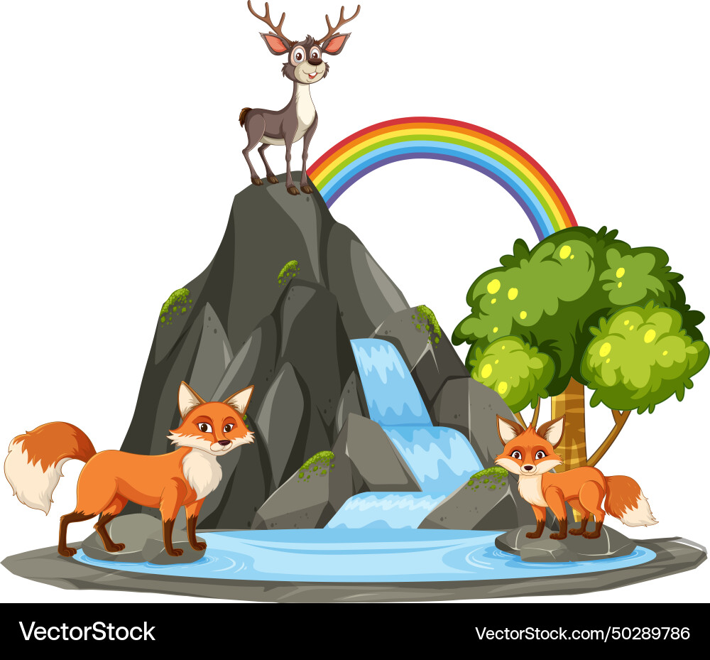 Animals near a waterfall with rainbow Royalty Free Vector