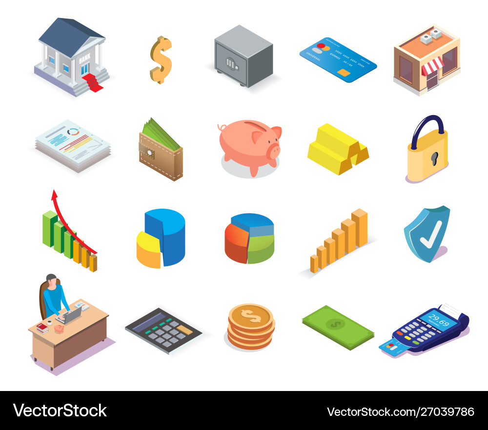 Banking and financial icon set isometric Vector Image