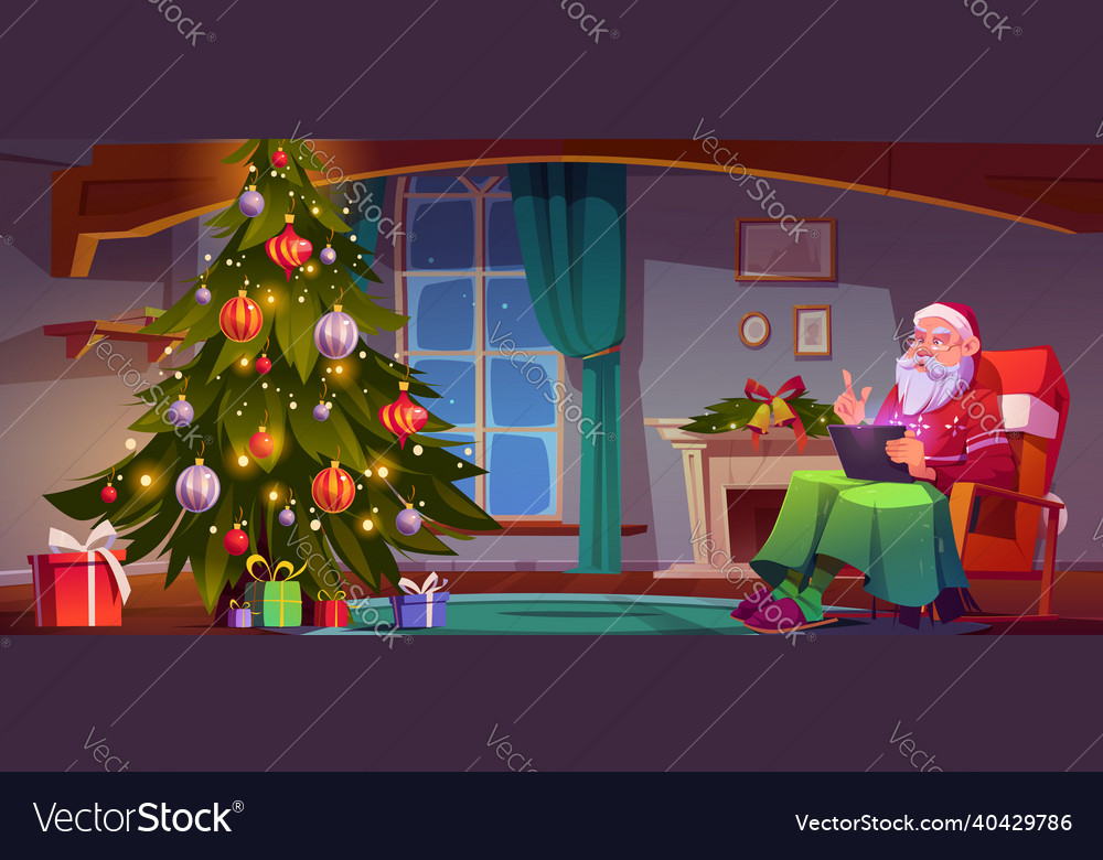 Santa claus in living room with christmas tree Vector Image