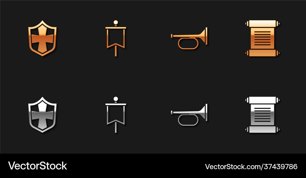 Set shield medieval flag trumpet and decree Vector Image