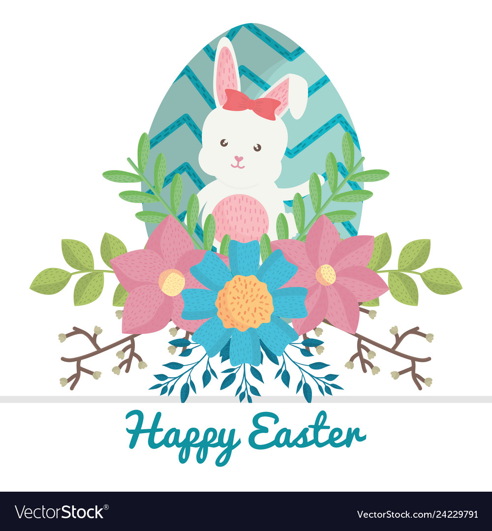 Cute rabbit with easter egg painted and flowers Vector Image