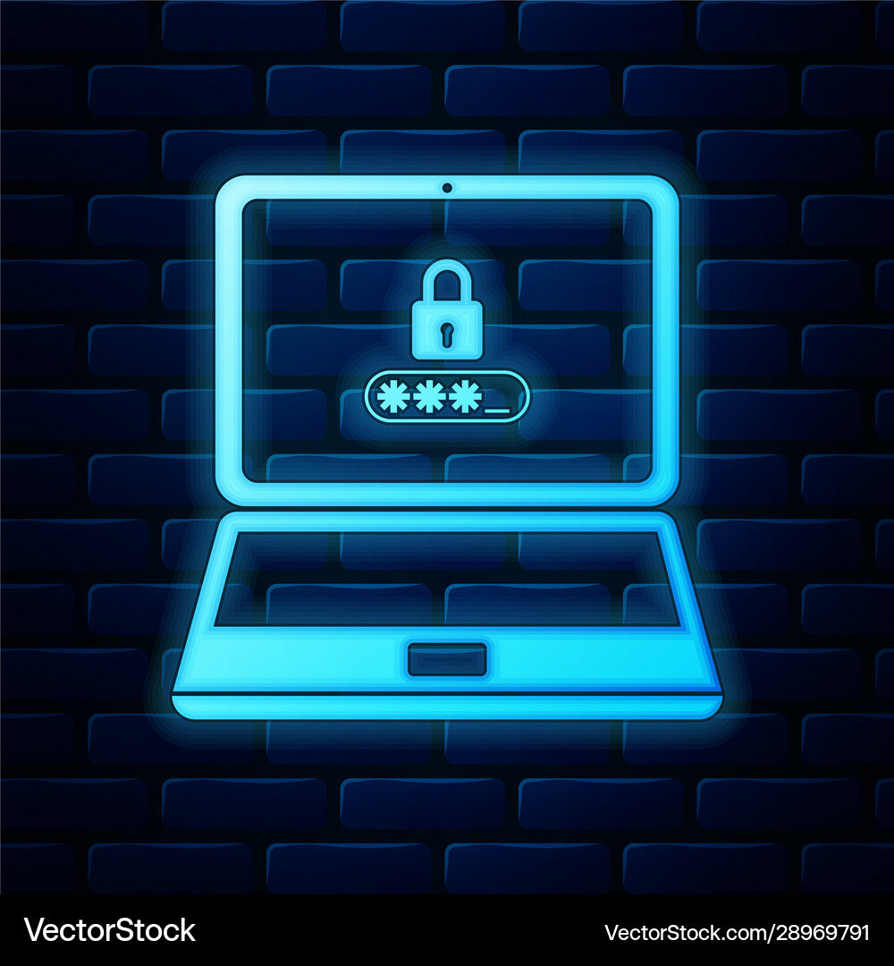 Glowing neon laptop with password notification Vector Image
