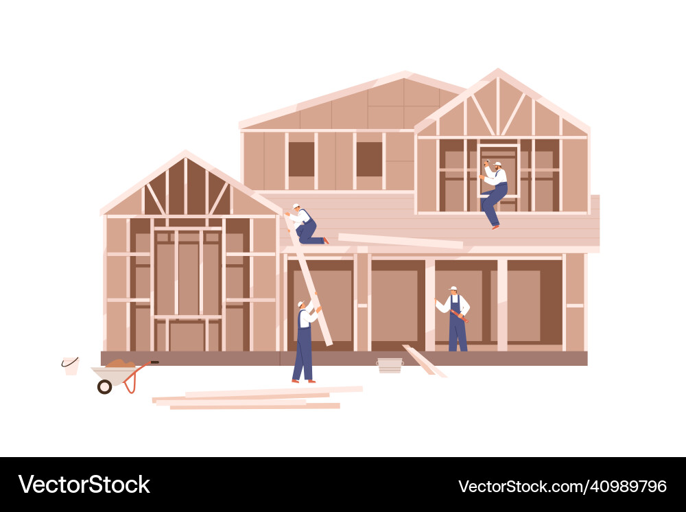 Wood house construction and renovation process Vector Image