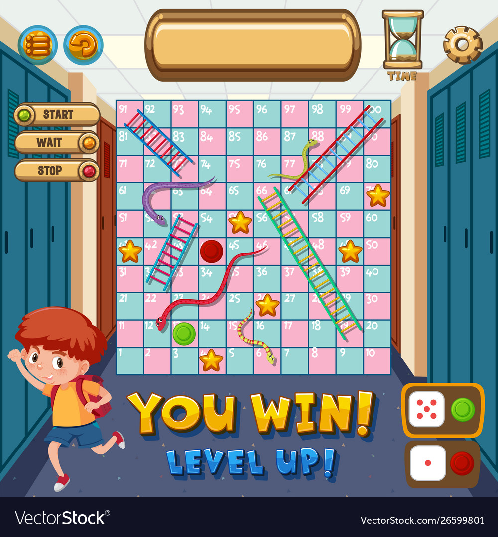 Boardgame snakes and ladders with boy Royalty Free Vector