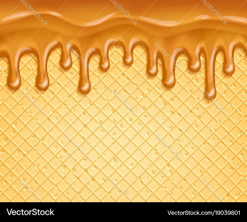 Caramel or honey flowing over waffle background Vector Image