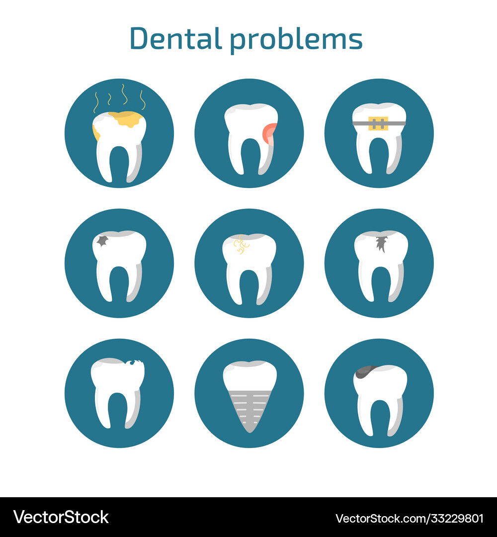 Dental problems icons dentist tools teeth health Vector Image