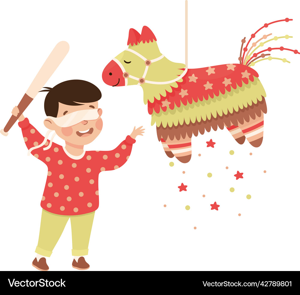 Funny boy striking and hitting pinata hanging Vector Image
