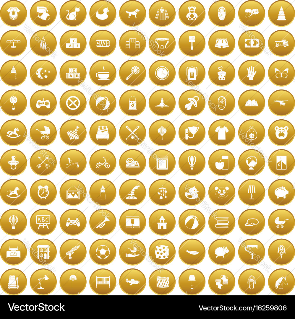 100 nursery icons set gold Royalty Free Vector Image