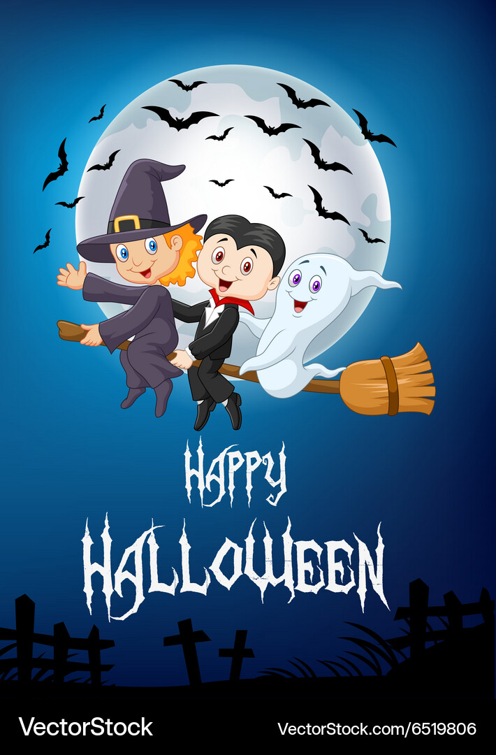 Cartoon witch riding broom with ghost and vampire Vector Image