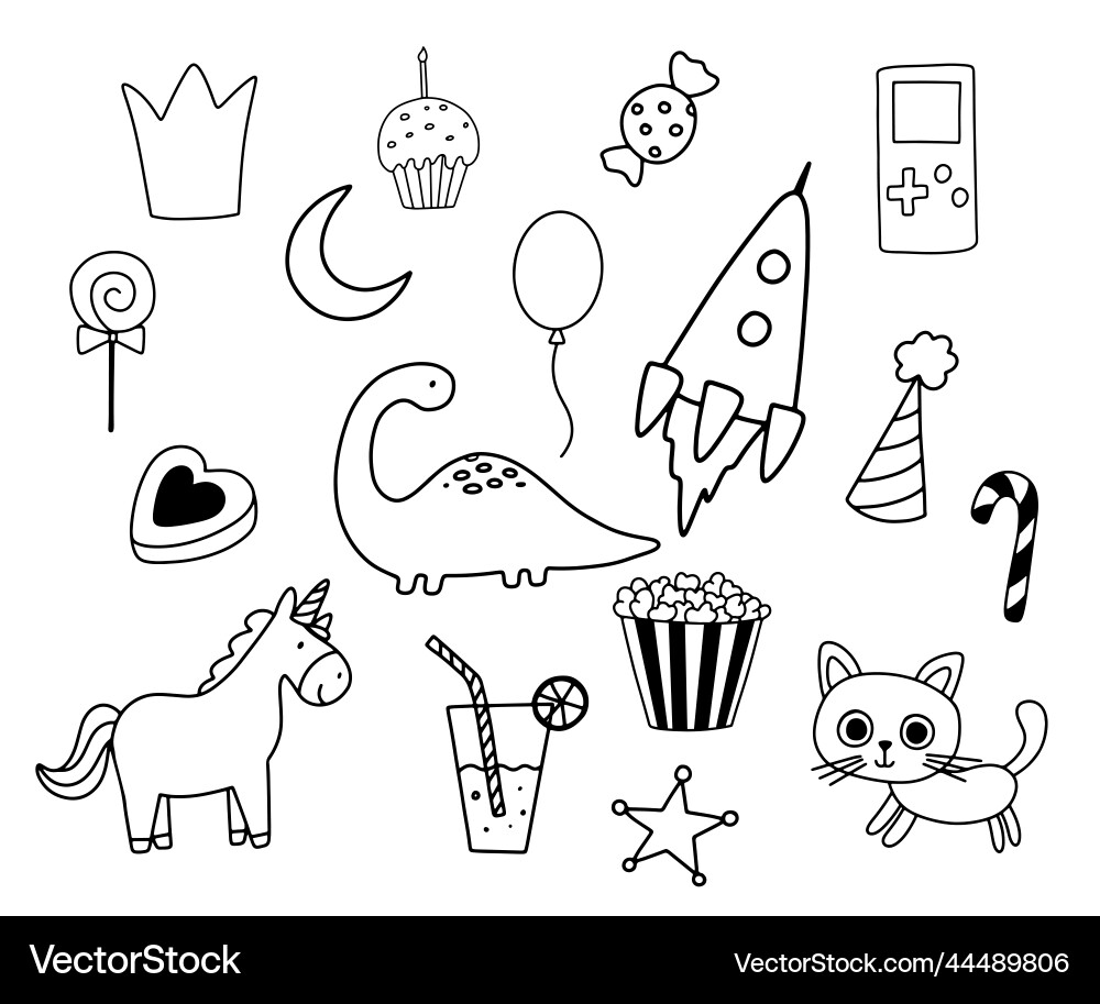 Outline cute funny unicorn dino rocket Royalty Free Vector