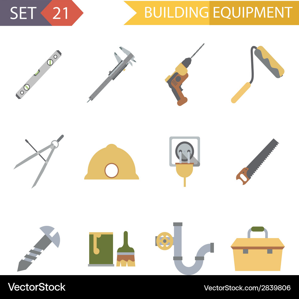 Retro Flat Building Equipment Icons and Royalty Free Vector