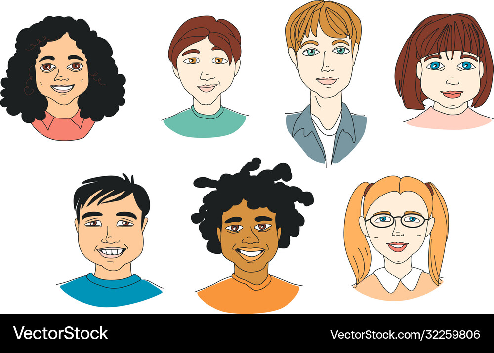 Set kids diversity head portraits line drawing Vector Image