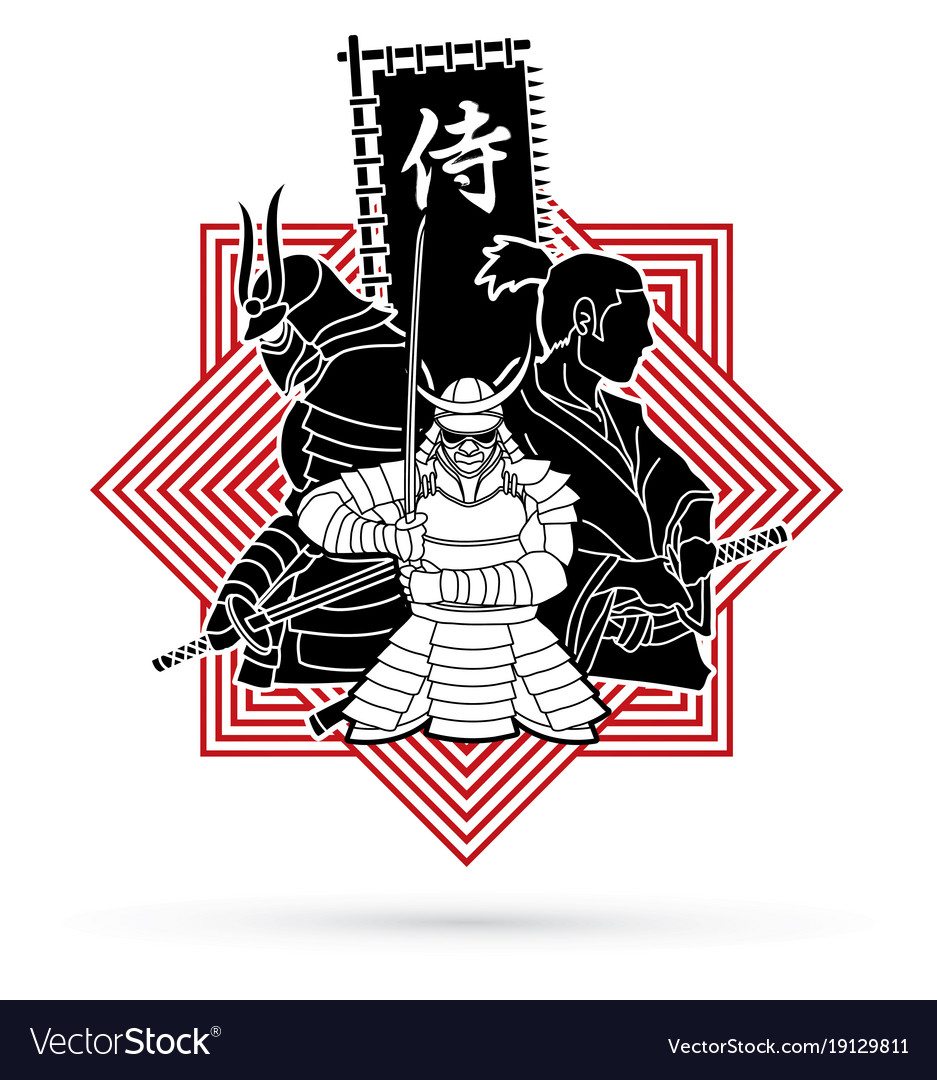 3 samurai composition designed on line square Vector Image