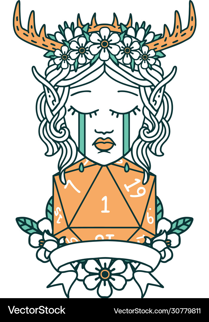 Sad elf druid character face with natural one d20 Vector Image