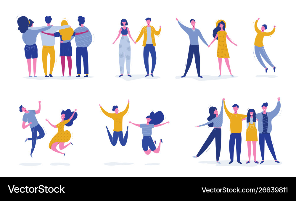 Set young jumping friend people characters Vector Image