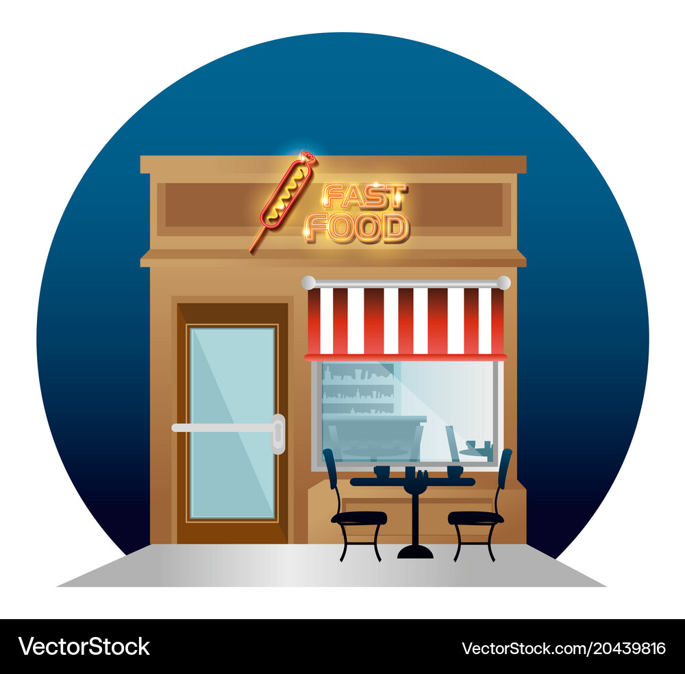 Fast food facade building with neon label Vector Image