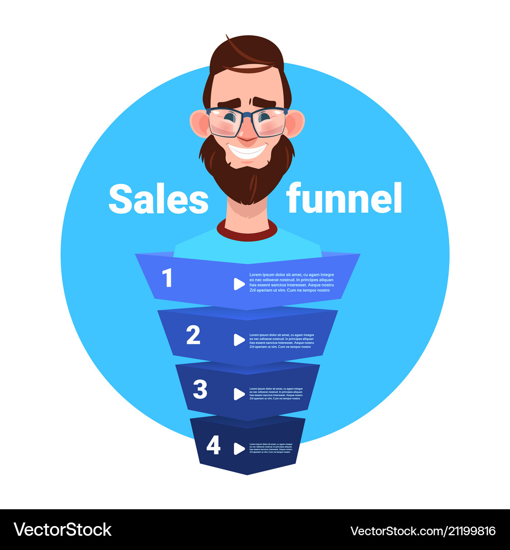 Man beard portrait manager sales funnel with steps