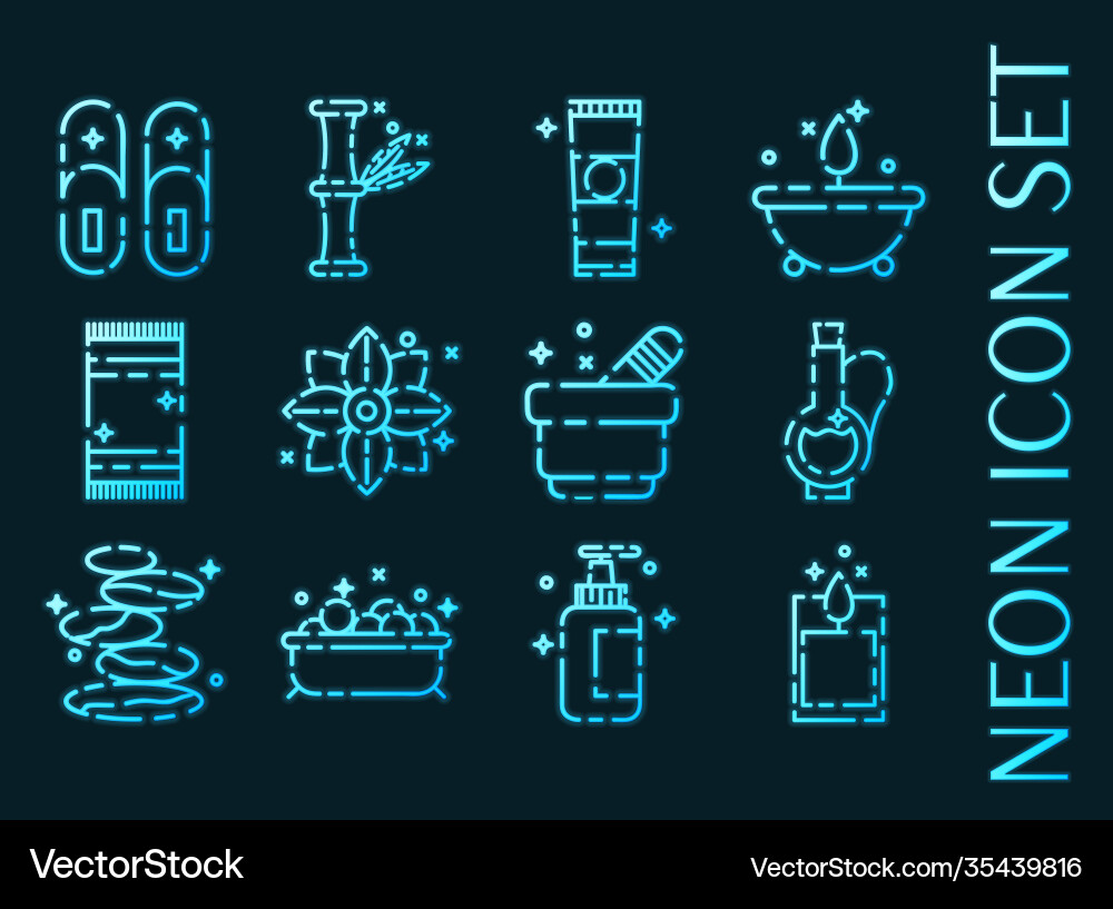 Spa set icons blue glowing neon style Royalty Free Vector
