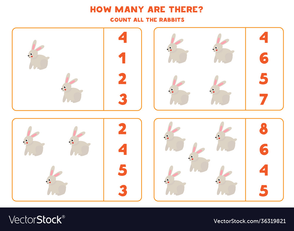 Counting game with cartoon rabbit math worksheet Vector Image
