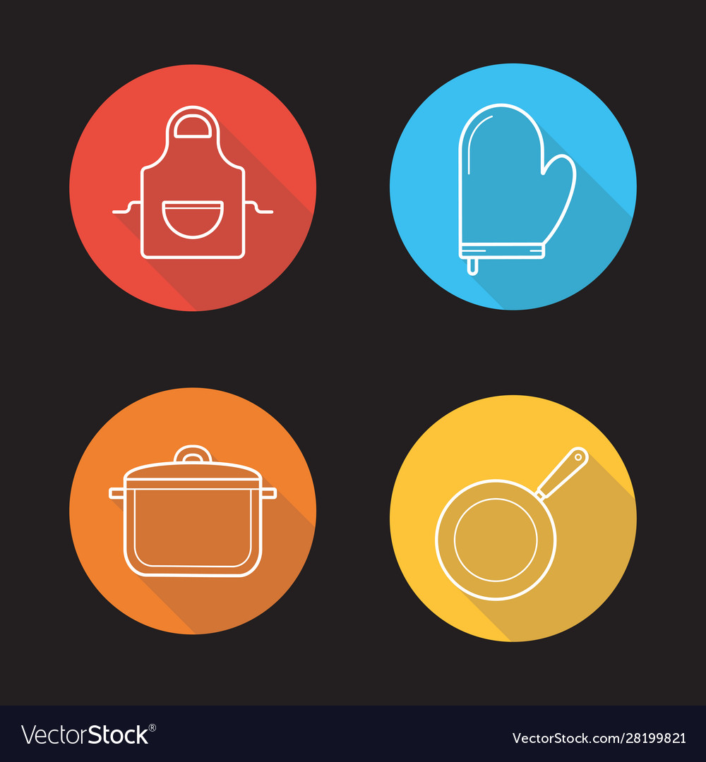 Kitchen tools flat linear long shadow icons set Vector Image