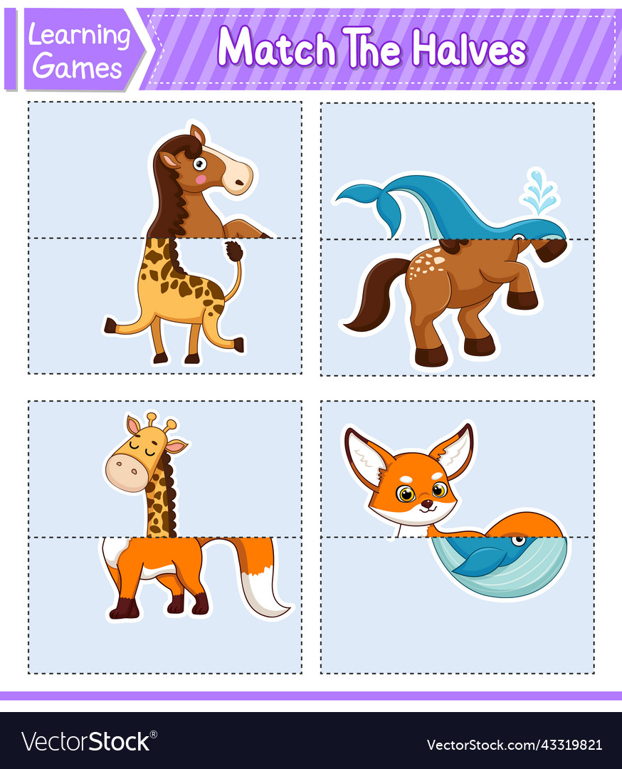 Match the halves of animals matching game Vector Image