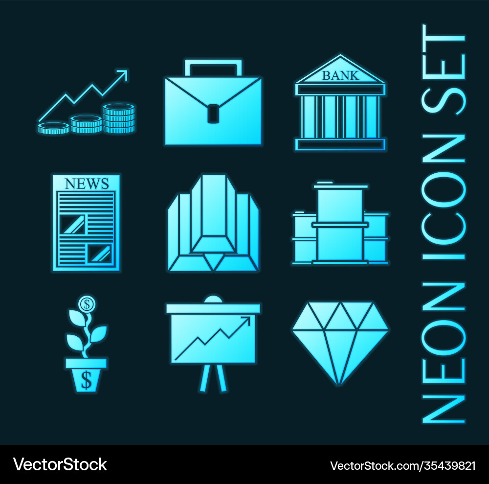 Set stock exchange blue glowing neon icons Vector Image
