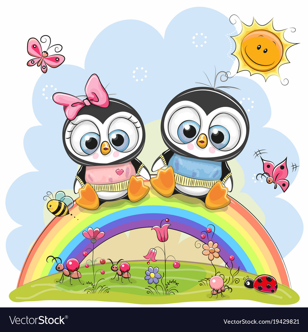 Two penguins are sitting on the rainbow Royalty Free Vector