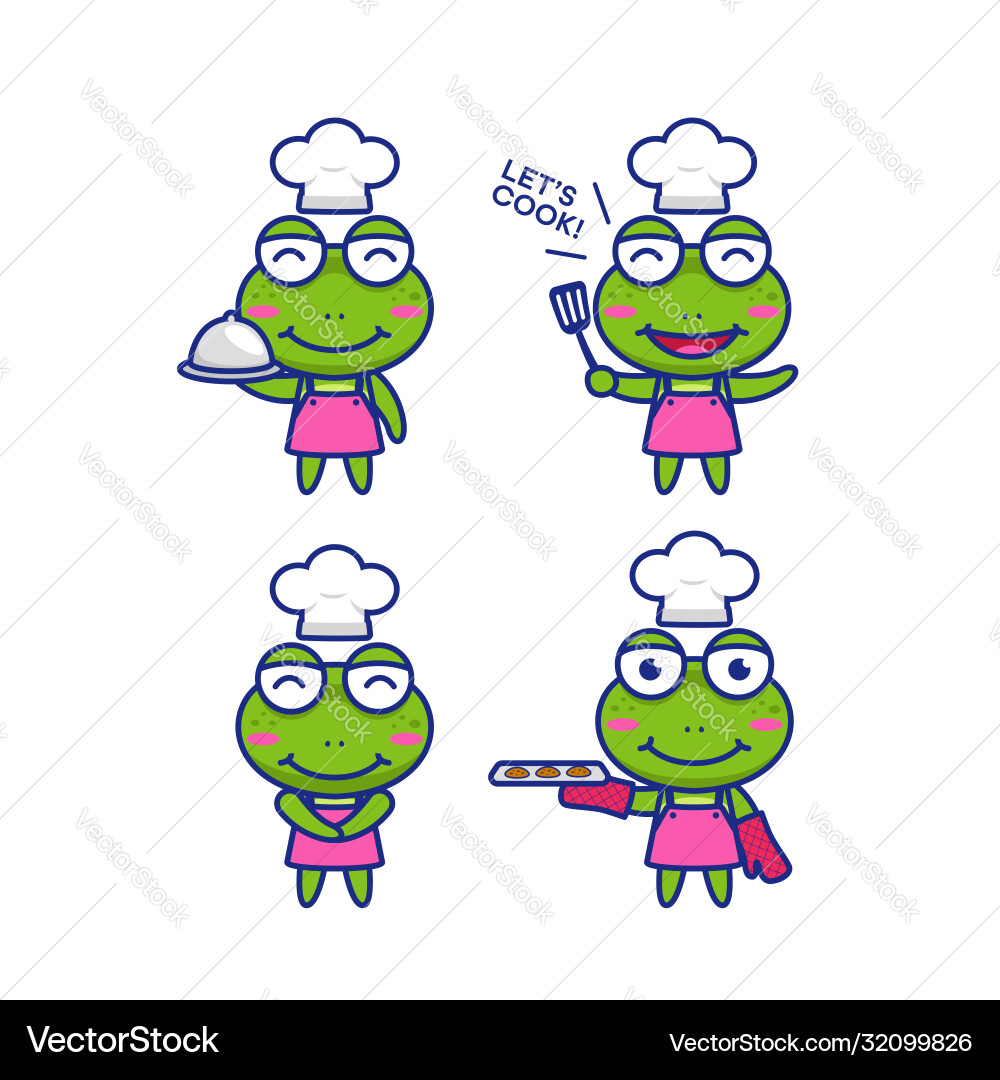 Cute chibi frog chef cartoon character mascot set Vector Image