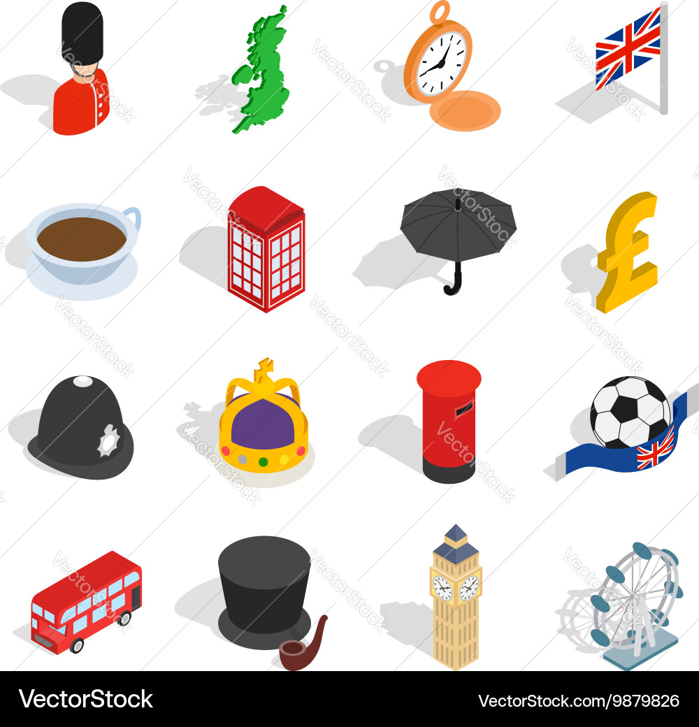 England icons set isometric 3d style Royalty Free Vector