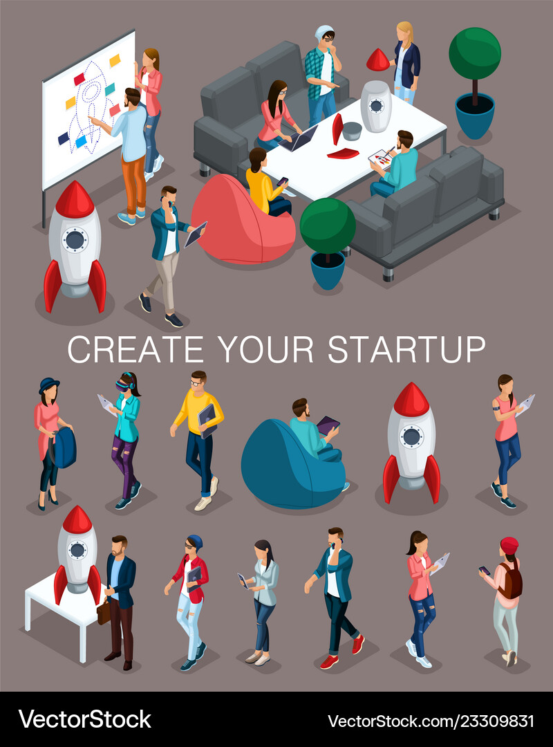 Isometric businessman development of startup Vector Image