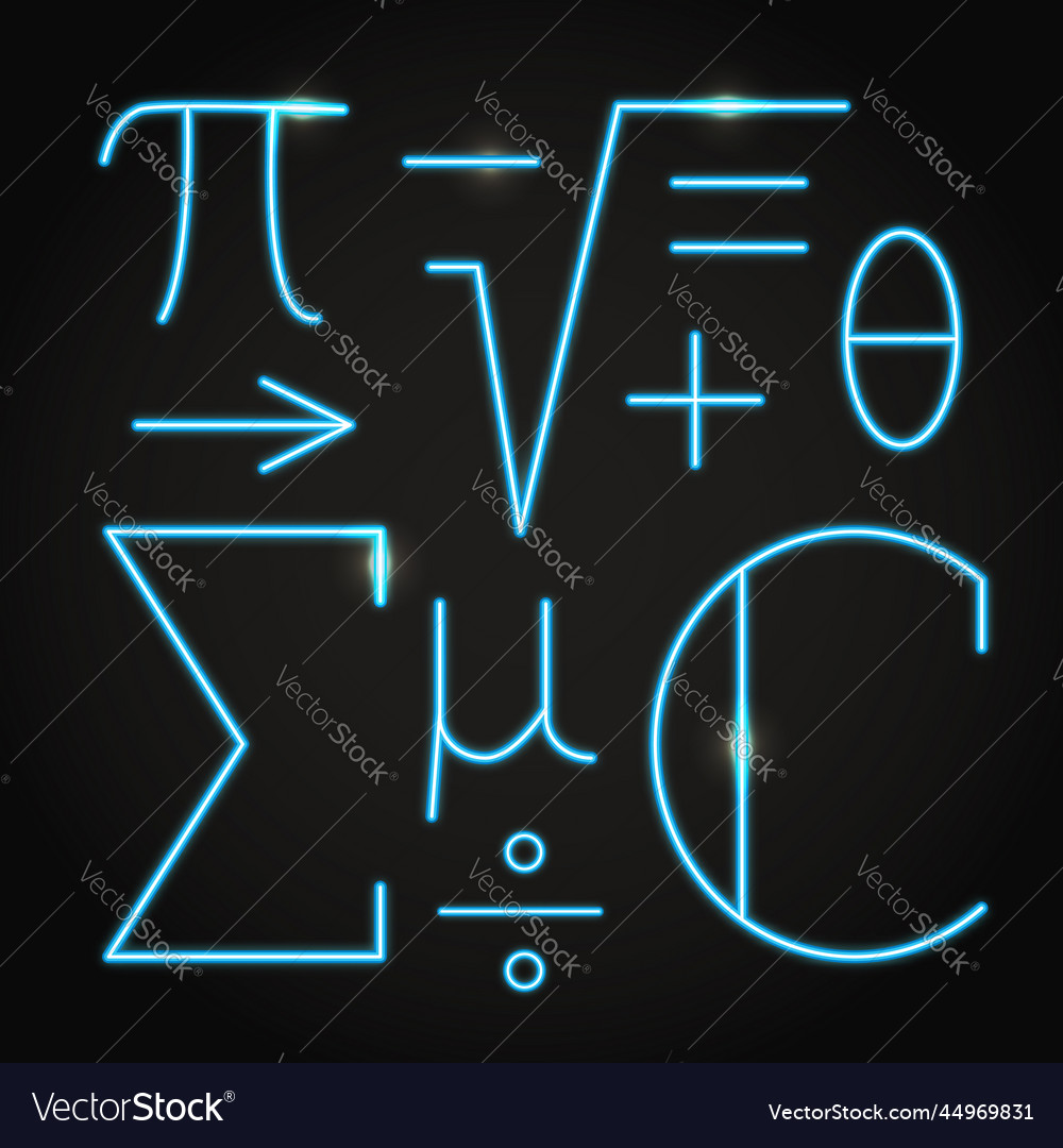 Neon math symbols on dark background Royalty Free Vector