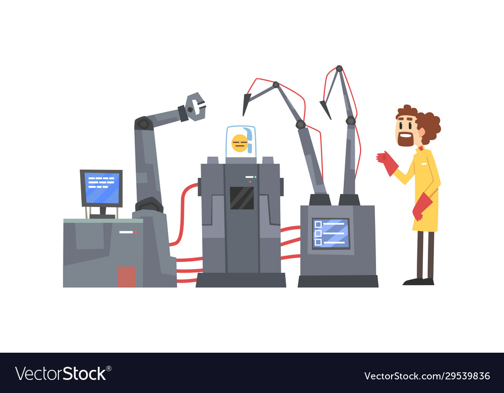 Male scientists character working with robotic Vector Image Male scientists character working with robotic Vector Image
