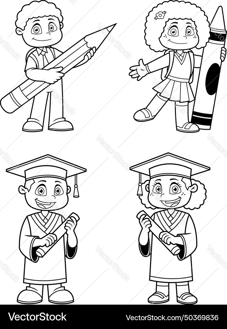 Outlined school kids cartoon characters Royalty Free Vector