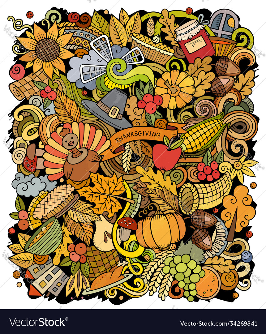 Cartoon doodles happy thanksgiving day Royalty Free Vector