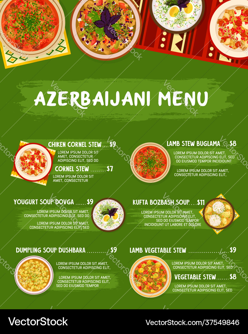 Azerbaijani cuisine menu template meals Royalty Free Vector