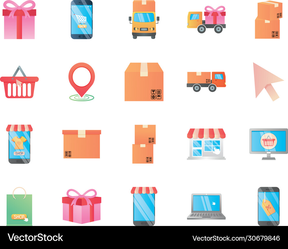 Boxes and shopping online icon set detailed style Vector Image