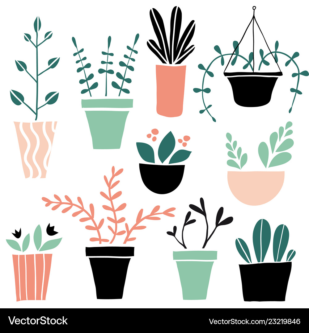 Cute Floral Pots - Doodle Style Royalty Free Vector Image