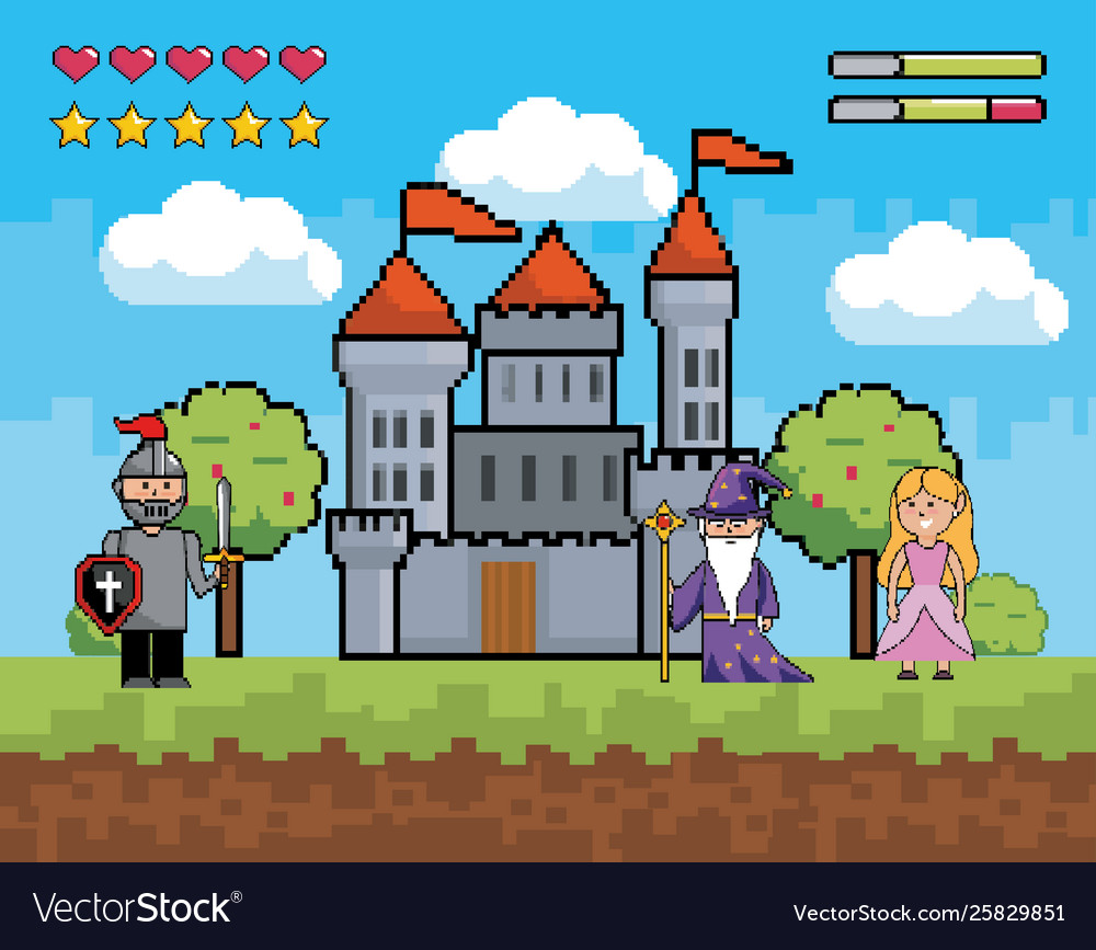 Arcade game world and pixel scene design Vector Image