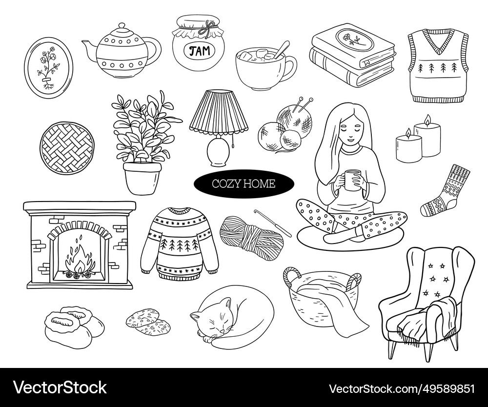Cozy home doodle set line collection Royalty Free Vector