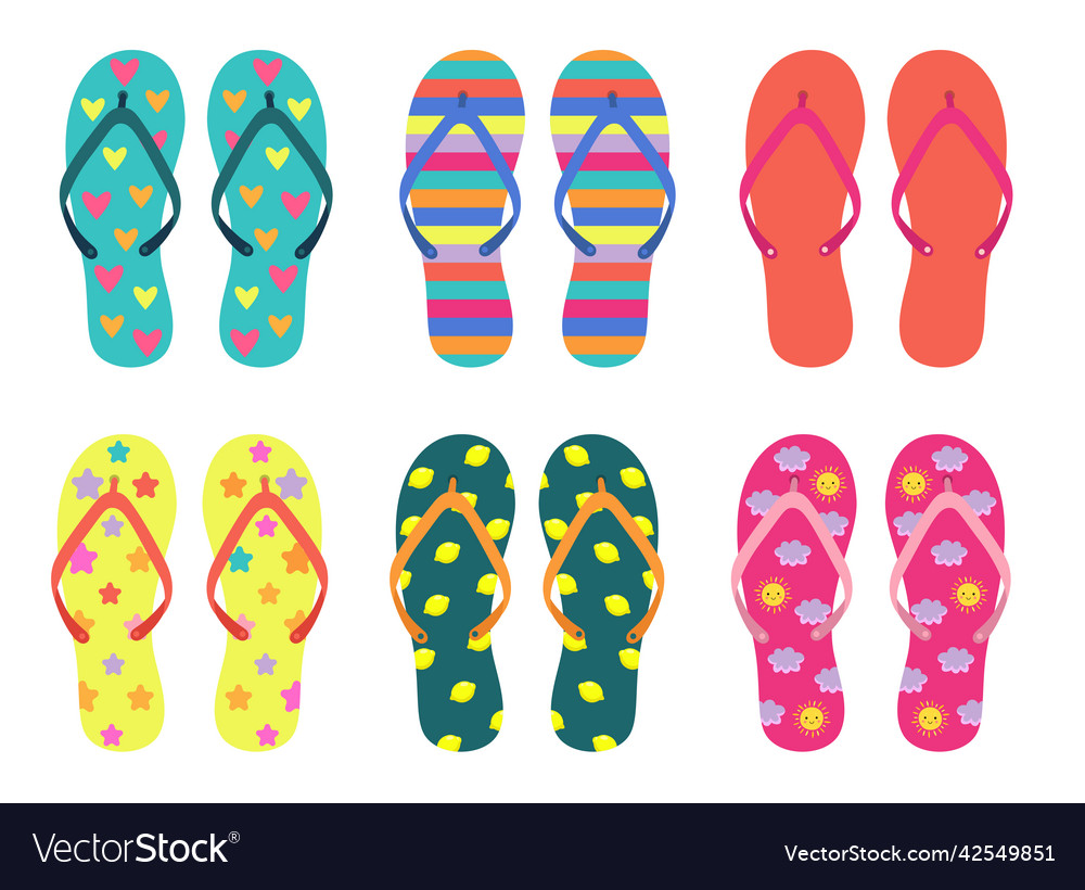 Different colorful flip flops flat set Royalty Free Vector