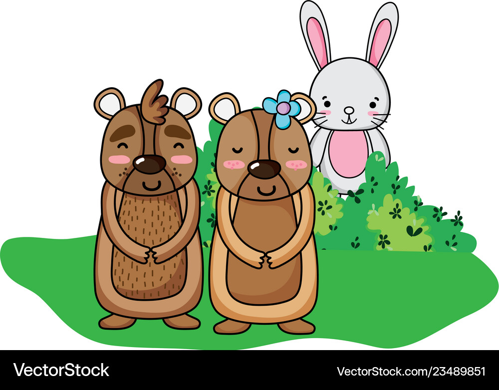 Nice bear couple with rabbit in the bush Vector Image