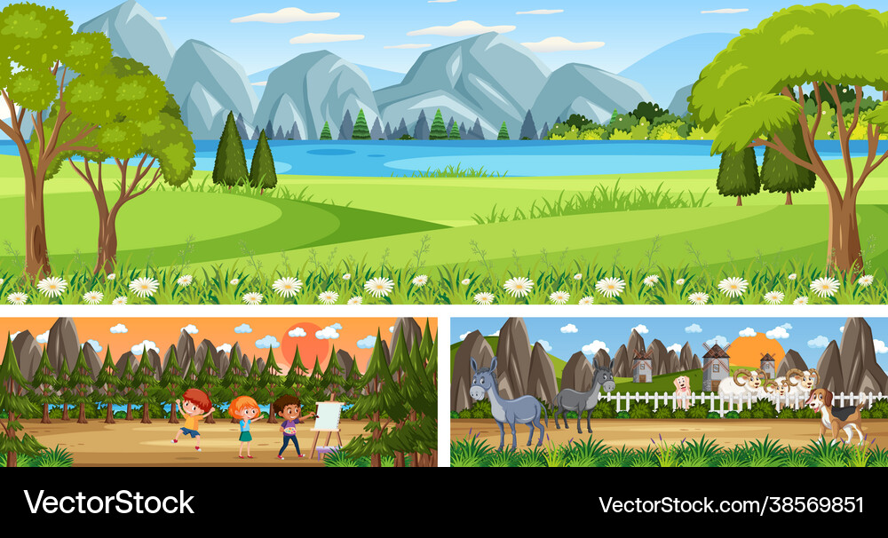 Set outdoor panoramic landscape with cartoon Vector Image