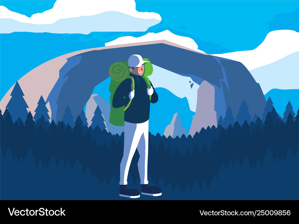 Adventurous man with travelbag in snowscape Vector Image