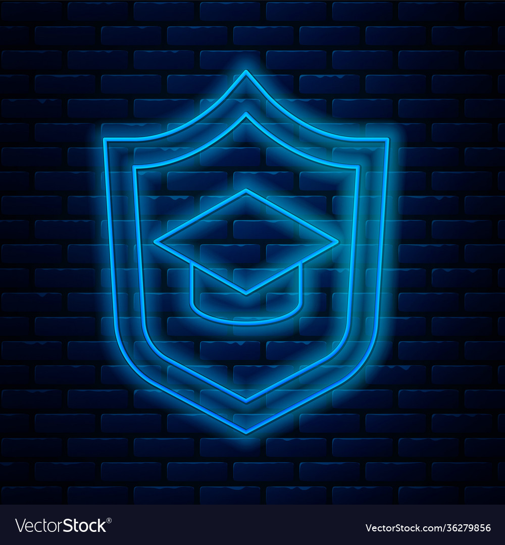 Glowing neon line graduation cap with shield icon Vector Image