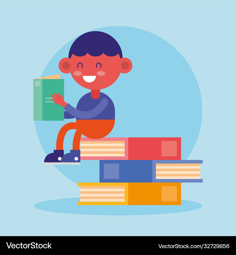 Little student boy with books comic character Vector Image