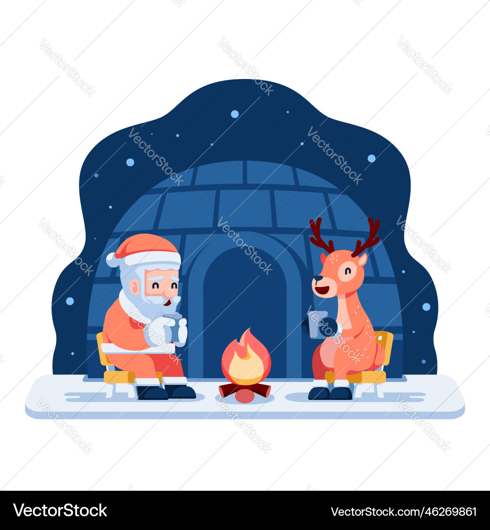 Santa and reindeer drinking tea around campfire Vector Image
