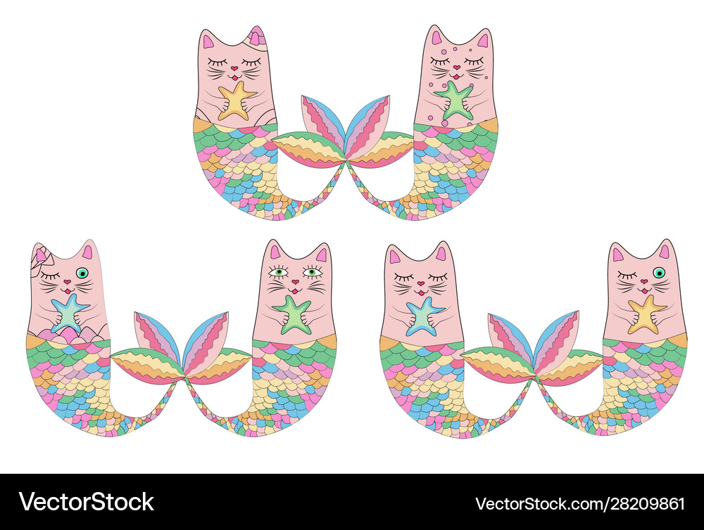 Set cute cat mermaids isolated on white Royalty Free Vector