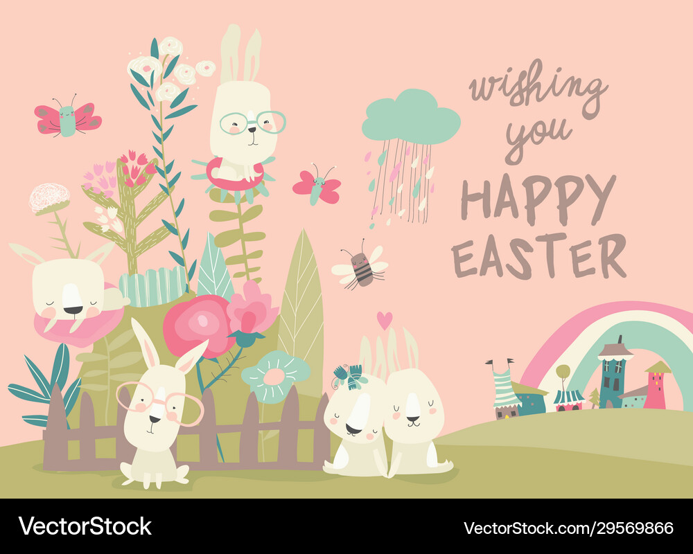 Cute cartoon bunny with easter eggs and flowers Vector Image